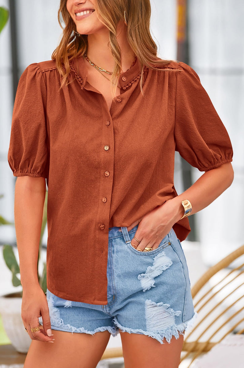 Summer Button Down Short Lantern Sleeve V Neck Cotton Tops – PRETTYGARDEN